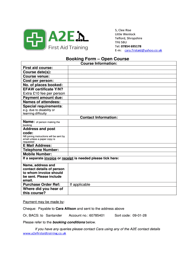 Fillable Online A2E First Aid Training Course - Booking Form. A2E First ...