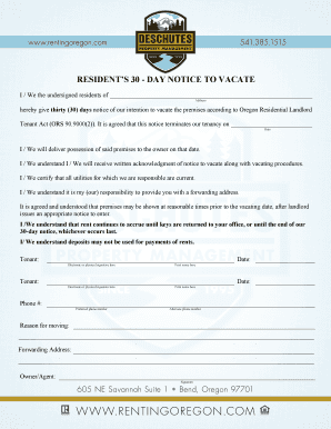 Fillable Online RESIDENTS 30 - DAY NOTICE TO VACATE Fax Email Print - pdfFiller