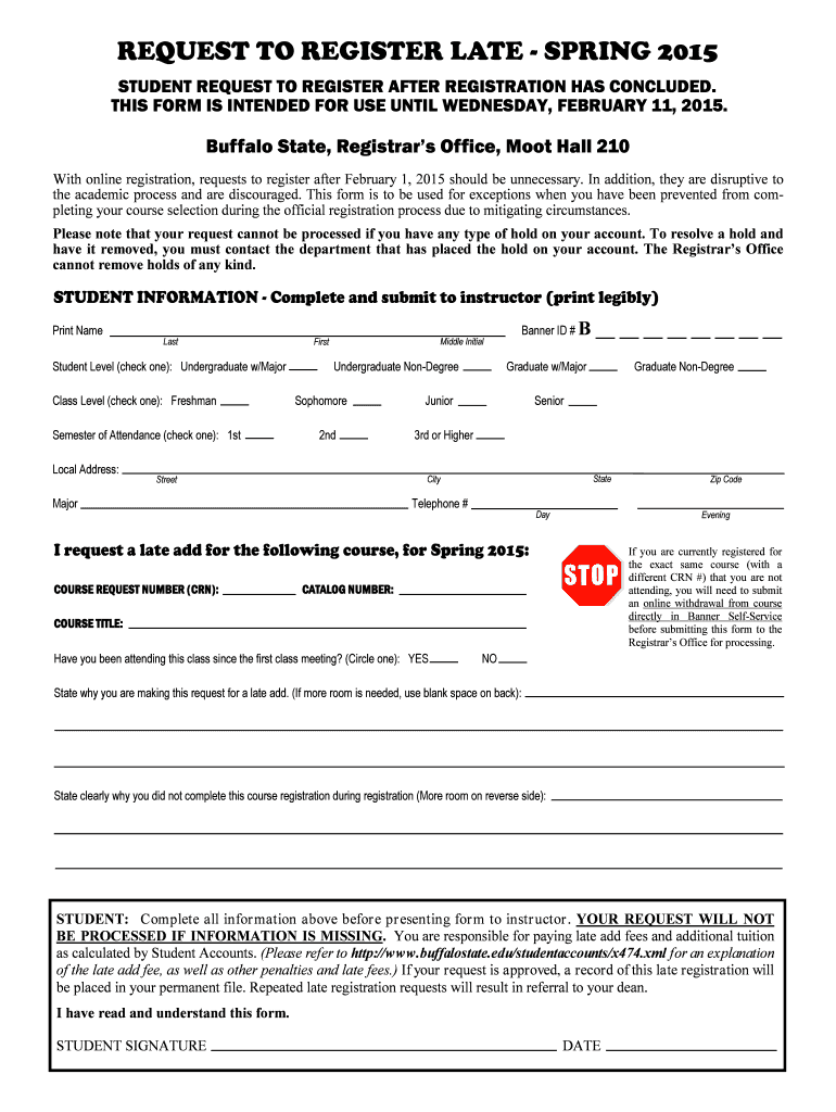 Fillable Online registrar buffalostate Request to register late ...