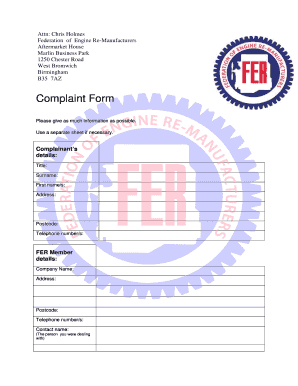 Fillable Online fer co Complaint Form - FER - fer co Fax Email Print ...
