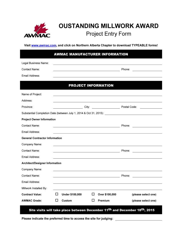 Fillable Online Outstanding millwork award - AWMAC Northern Alberta Fax ...