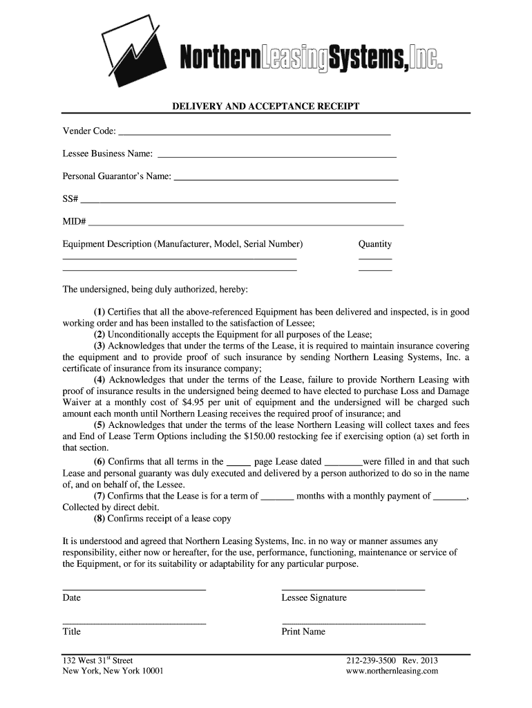 Fillable Online Northern Lease Delivery and Acceptance - The BankCard ...