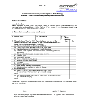 Fillable Online biotec or Medical Check Sheet - biotec or Fax Email ...
