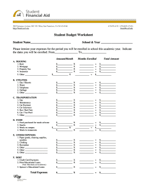Fillable Online finaid ucsf Student Budget Worksheet - University of ...