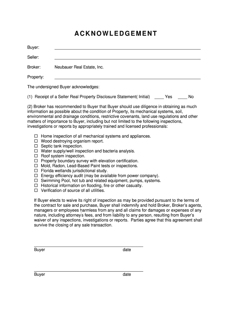 Fillable Online Buyer Inspection Acknowledgement - Panama City Real ...