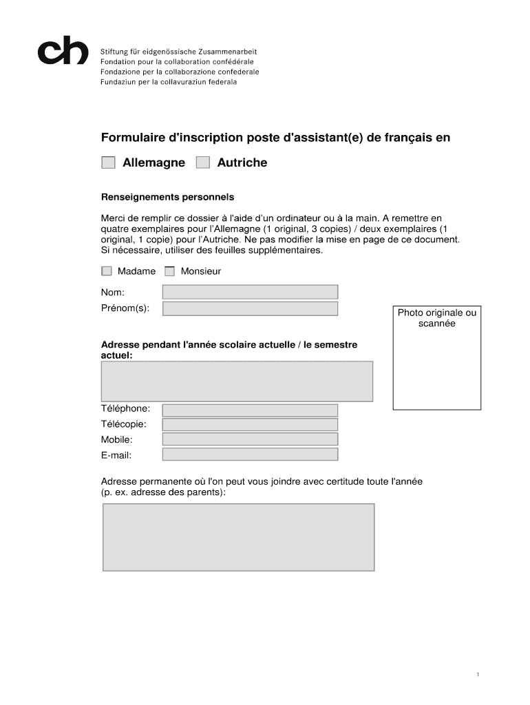 Remplissable En Ligne ch-go Formulaire dinscription poste dassistante ...