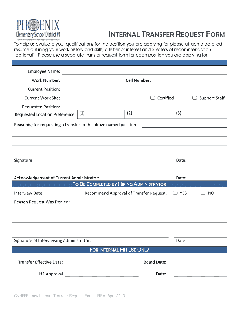 Fillable Online INTERNAL TRANSFER REQUEST FORM Fax Email Print - pdfFiller