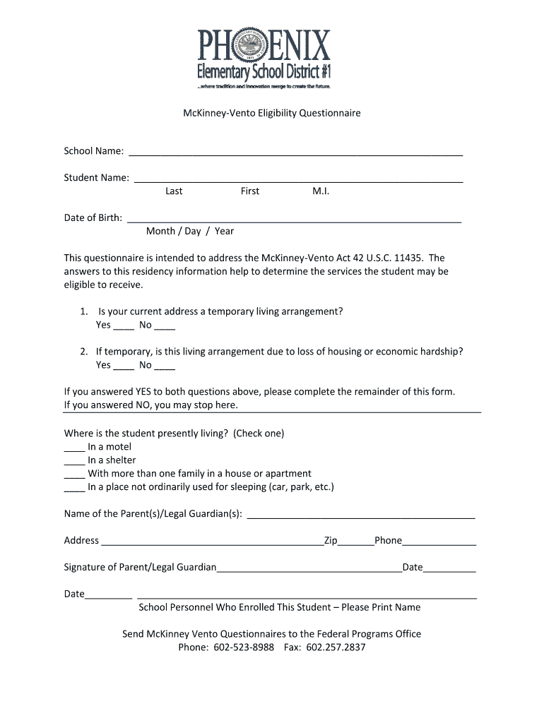 Fillable Online McKinney-Vento Eligibility Questionnaire School Name: Student N Fax Email Print ...