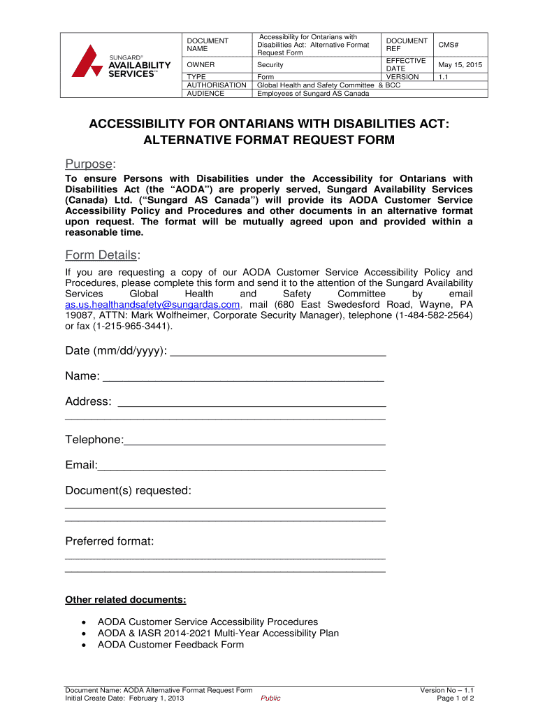 Fillable Online AODA Alternative Format Request Form final - SunGard ...
