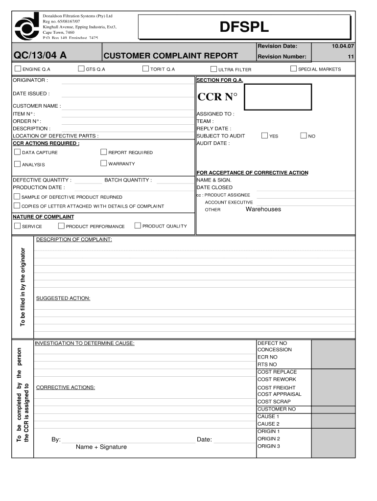Fillable Online donaldson co QC1304A - Customer Complaint Report Form ...