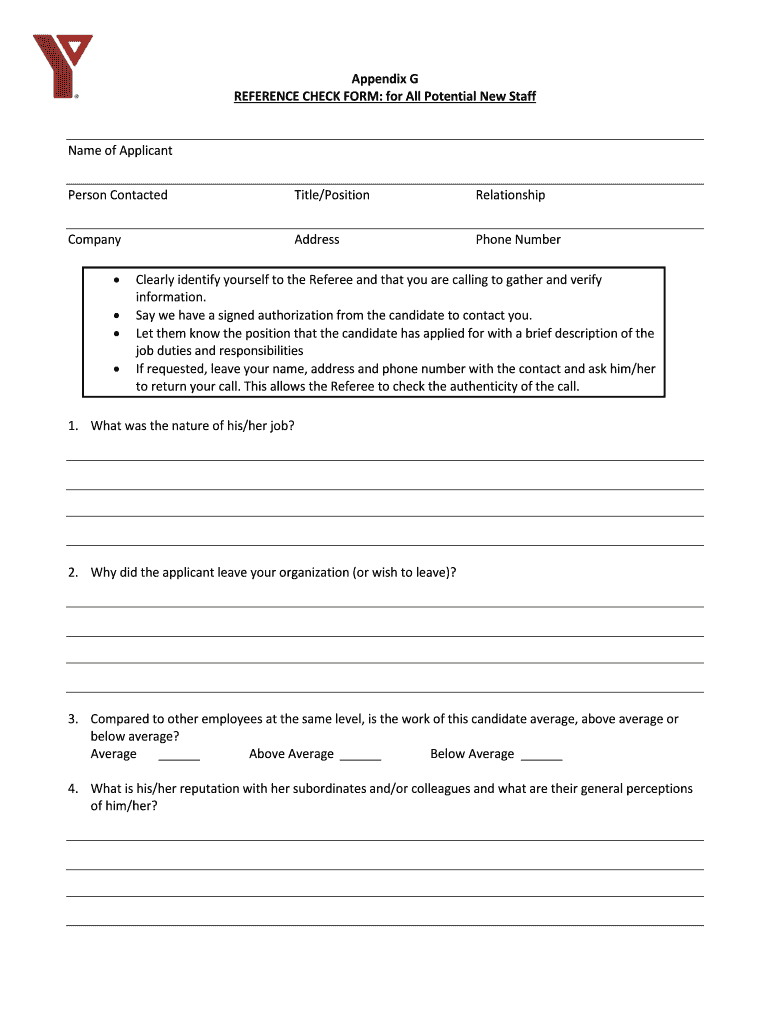 Fillable Online Appendix G REFERENCE CHECK FORM for All Potential New Staff Fax Email Print ...