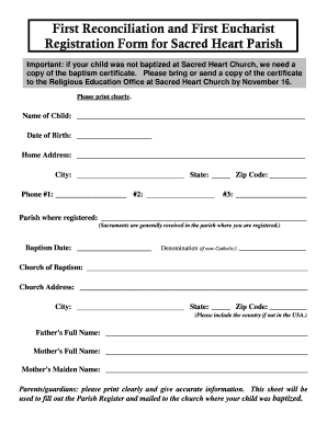 Fillable Online shgparish First Reconciliation and First Eucharist Registration Form - shgparish ...