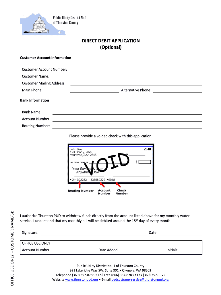 Fillable Online DIRECT DEBIT APPLICATION Optional - thurstonpudcom Fax ...