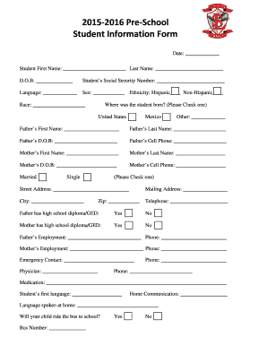 Fillable Online usd374 2015-2016 Pre-School Student Information Form ...