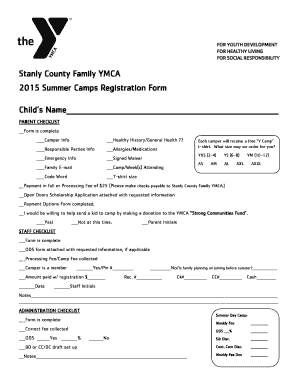 Fillable Online stanlycountyymca Stanly County Family YMCA 2015 Summer Camps Registration Form ...