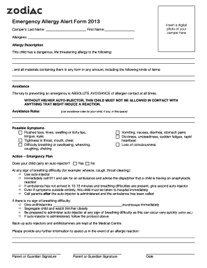 Fillable Online zodiackids Emergency Allergy Alert Form 2013 Campers ...
