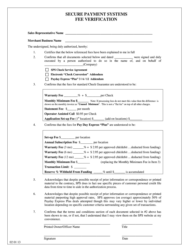 Fillable Online SECURE PAYMENT SYSTEMS FEE VERIFICATION Sales ...