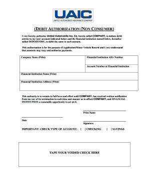 Fillable Online baa uaig DEBIT AUTHORIZATION NON C - Auto Insurance ...