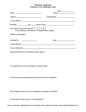 Fillable Online msvalley Ministerial Application Presbytery of the ...