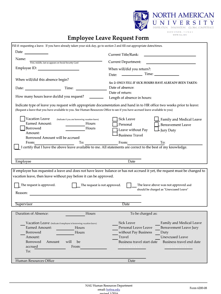 Fillable Online na Employee Leave Request Form - North American ...