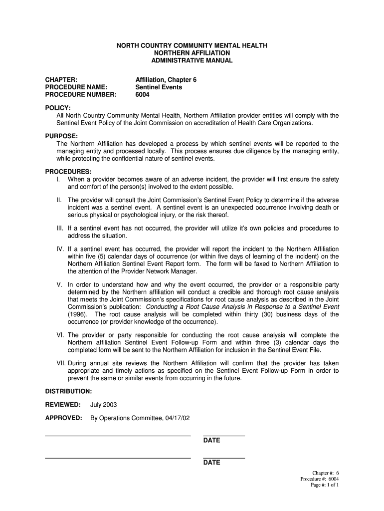 Fillable Online norcocmh Sentinel Event Procedure Fax Email Print ...