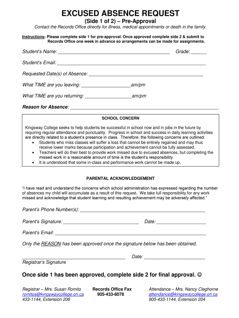 Fillable Online EXCUSED ABSENCE REQUEST - Kingsway College Fax Email ...