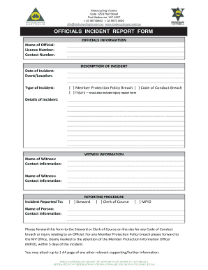 Fillable Online OFFICIALS INCIDENT REPORT FORM - Motorcycling Victoria ...