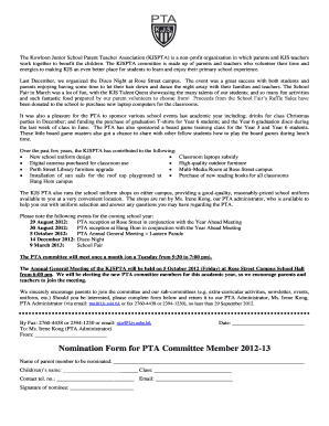 Fillable Online kjs edu Nomination Form for PTA Committee Member 2012 ...