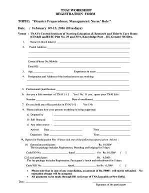 Fillable Online TNAI WORKSHOP REGISTRATION FORM TOPIC Disaster Fax ...