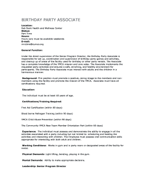 Fillable Online BIRTHDAY PARTY ASSOCIATE Fax Email Print - pdfFiller