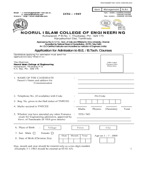 Fillable Online Application form for Admission to First year UG (B.E ...