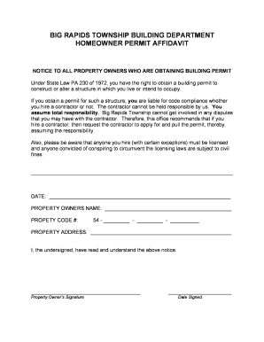 Fillable Online Building Homeowner Permit Affidavit - the Big Rapids ...