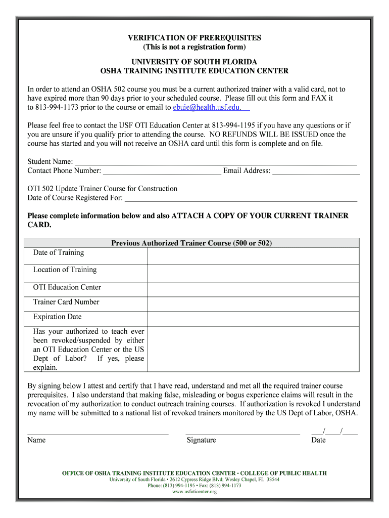 Fillable Online usfoticenter Prerequisite verification form - USF OSHA ...