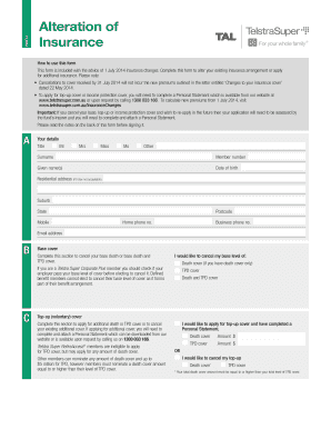 Fillable Online Alteration of Insurance form - Telstra Super Fax Email ...