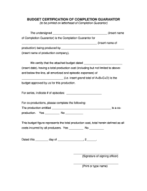 Fillable Online BUDGET CERTIFICATION OF COMPLETION GUARANTOR (to be ...