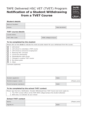 Fillable Online TVET Withdrawal Form (PDF, 661KB) - Oten - TAFE NSW Fax Email Print - pdfFiller