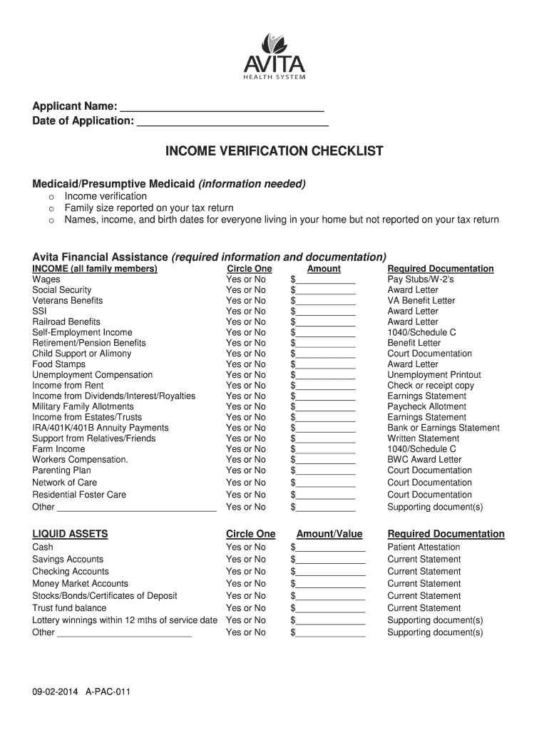 Fillable Online INCOME VERIFICATION CHECKLIST - Avita Health System Fax ...