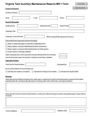 Fillable Online Virginia Tech Auxiliary Maintenance Reserve bMRb-1 ...
