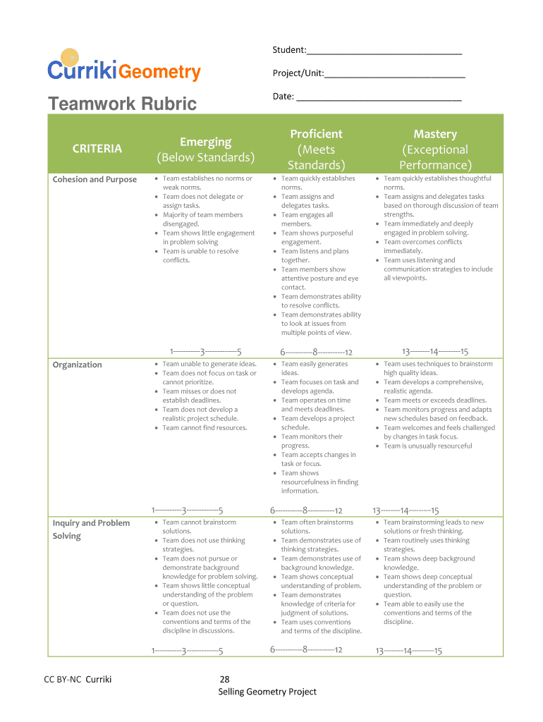 Fillable Online curriki Student Geometry Teamwork Rubric - bCurrikib ...