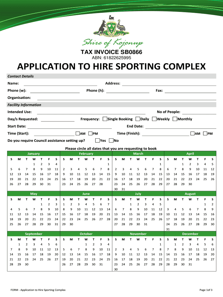 Fillable Online kojonup wa gov ABN 61822625995 APPLICATION TO HIRE ...