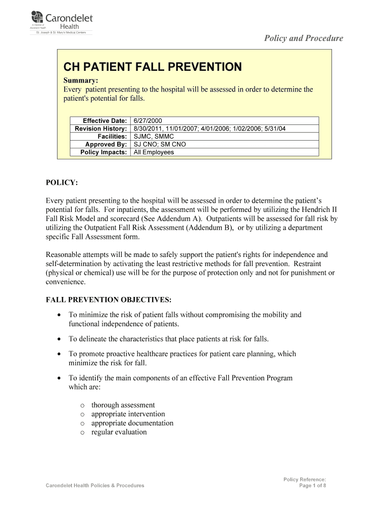 Fillable Online carondelethealth 3789 14996 CH PATIENT FALL PREVENTION ...
