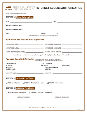 Fillable Online INTERNET ACCESS AUTHORIZATION - bAmeriServb Financial ...