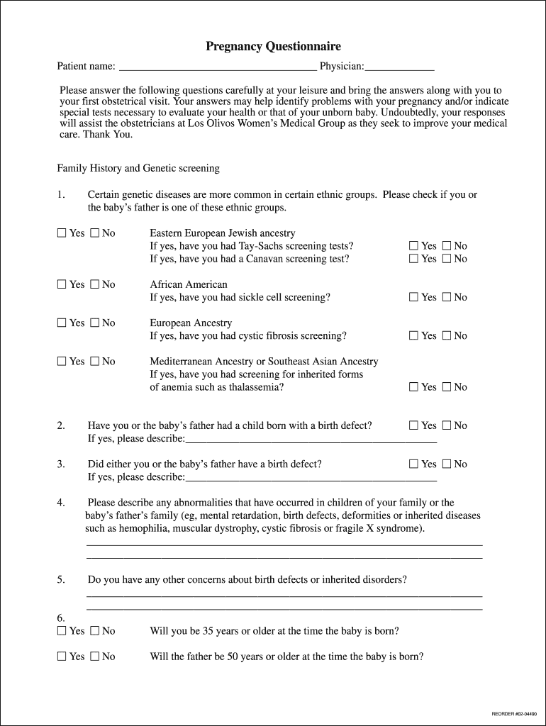 Fillable Online Pregnancy Questionnaire - Los Olivos Women's Medical ...