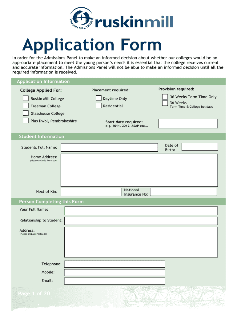 Fillable Online Application Form - RUSKIN MILL TRUST LIMITED Fax Email ...