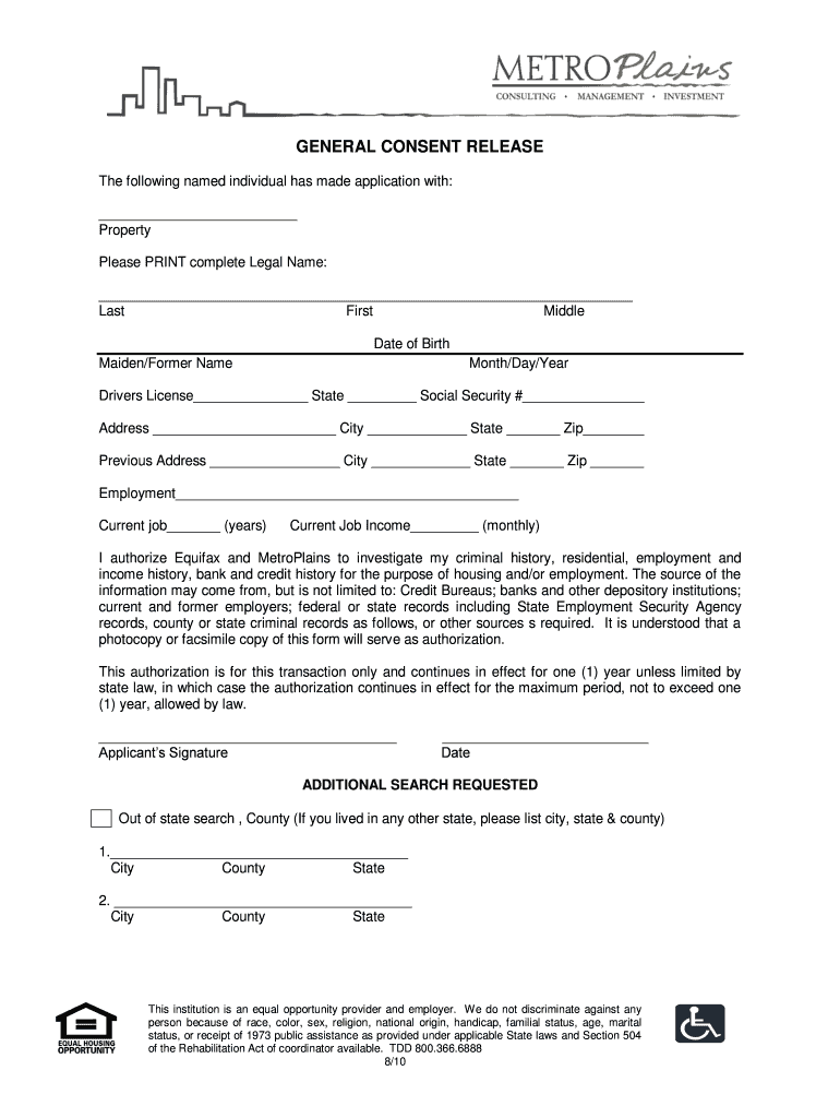 Fillable Online GENERAL CONSENT RELEASE - MetroPlains Management Fax ...