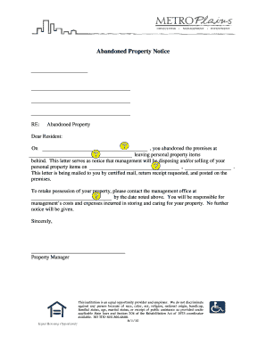 Fillable Online Abandoned Property Notice - MetroPlains Management Fax ...