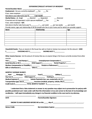 Fillable Online DEPENDENCYNEGLECT AFFIDAVIT OF INDIGENCY Fax Email Print - pdfFiller