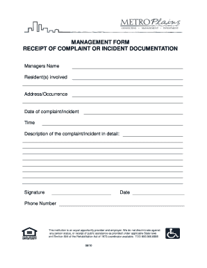 Fillable Online MANAGEMENT FORM RECEIPT OF COMPLAINT OR INCIDENT ...