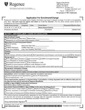 Fillable Online blaine wednet 2015-16 Regence Enrollment Change Form ...