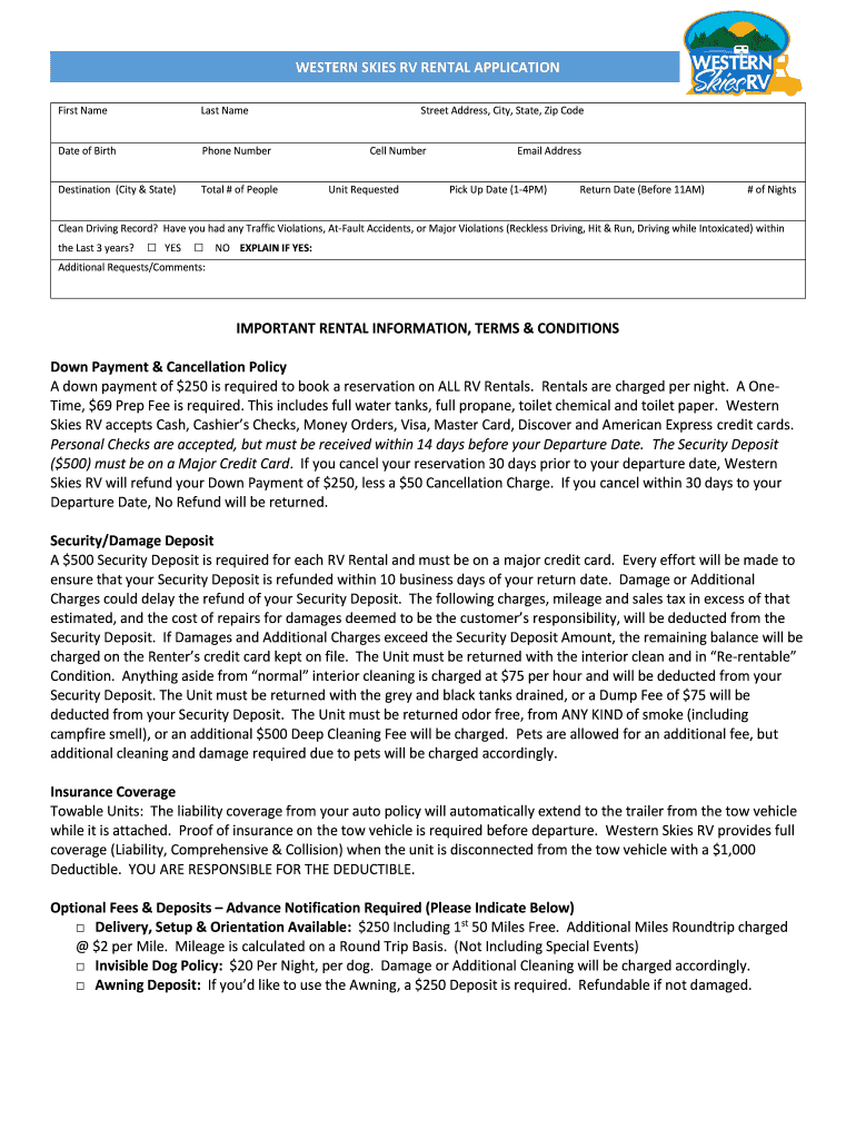 Fillable Online WESTERN SKIES RV RENTAL APPLICATION Fax Email Print ...